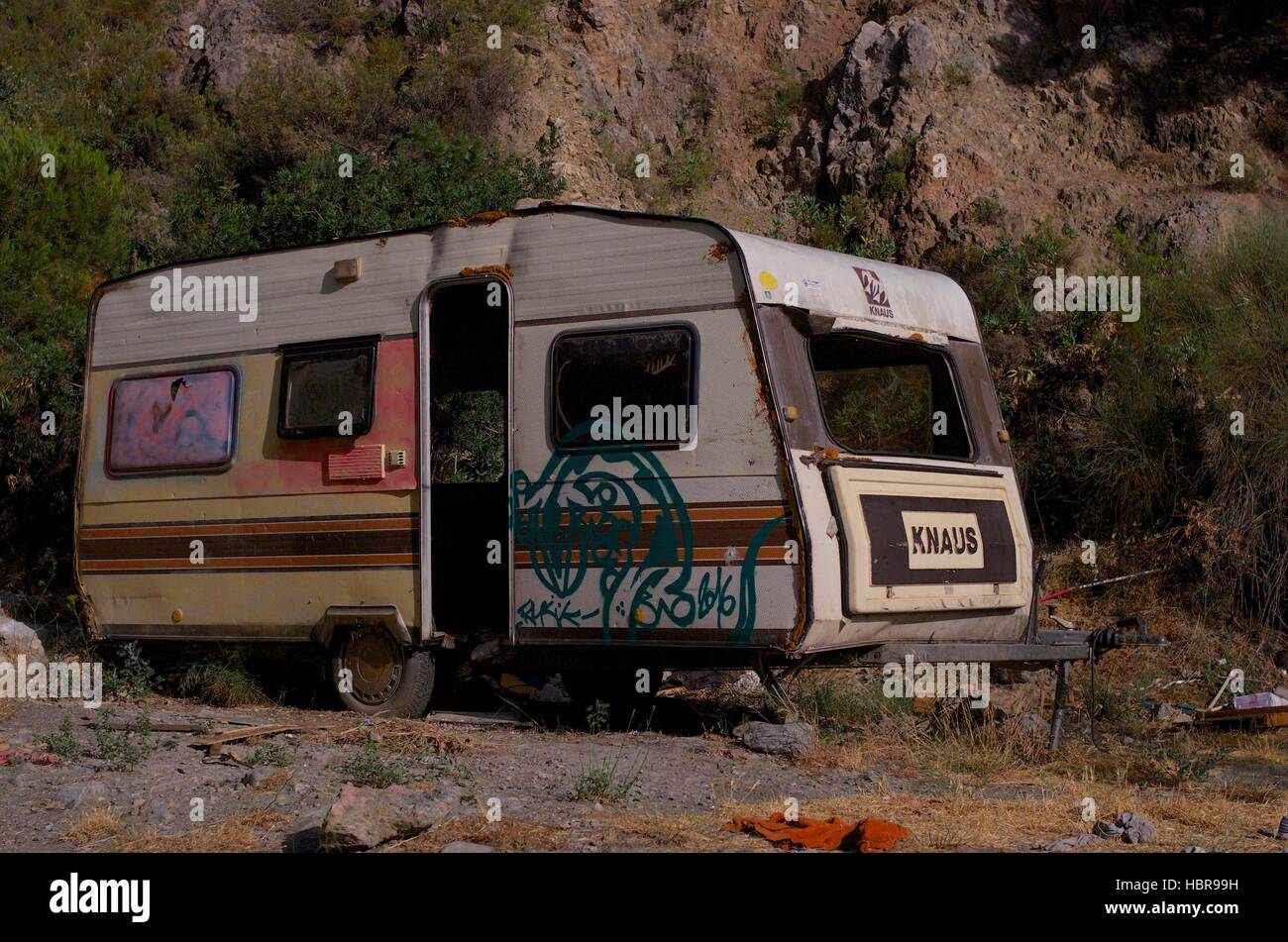 Derelict caravan at Beneficio alternative community, Orgiva, Spain ...