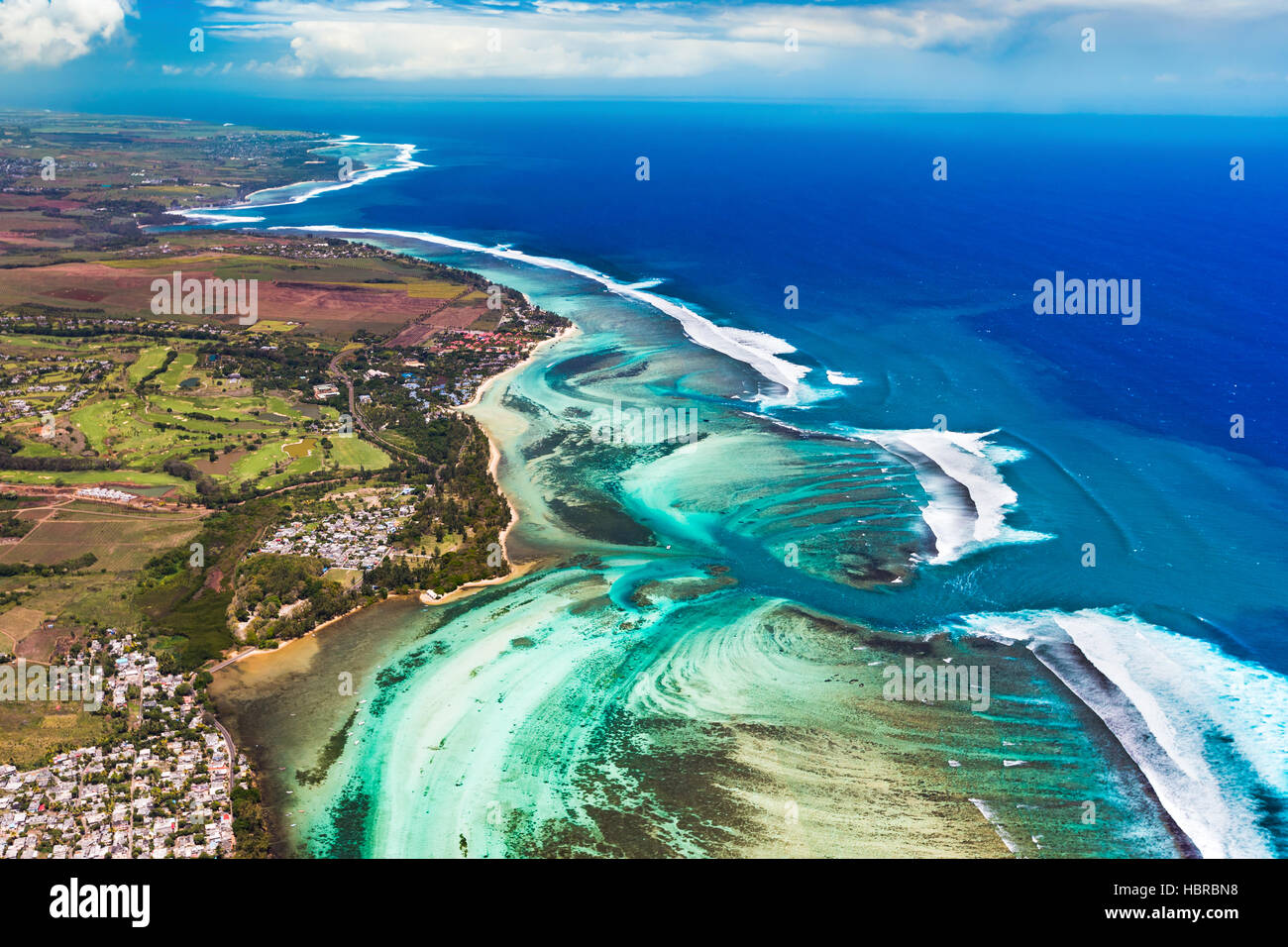 Aerial view of the underwater channel. Amazing Mauritius landscape ...