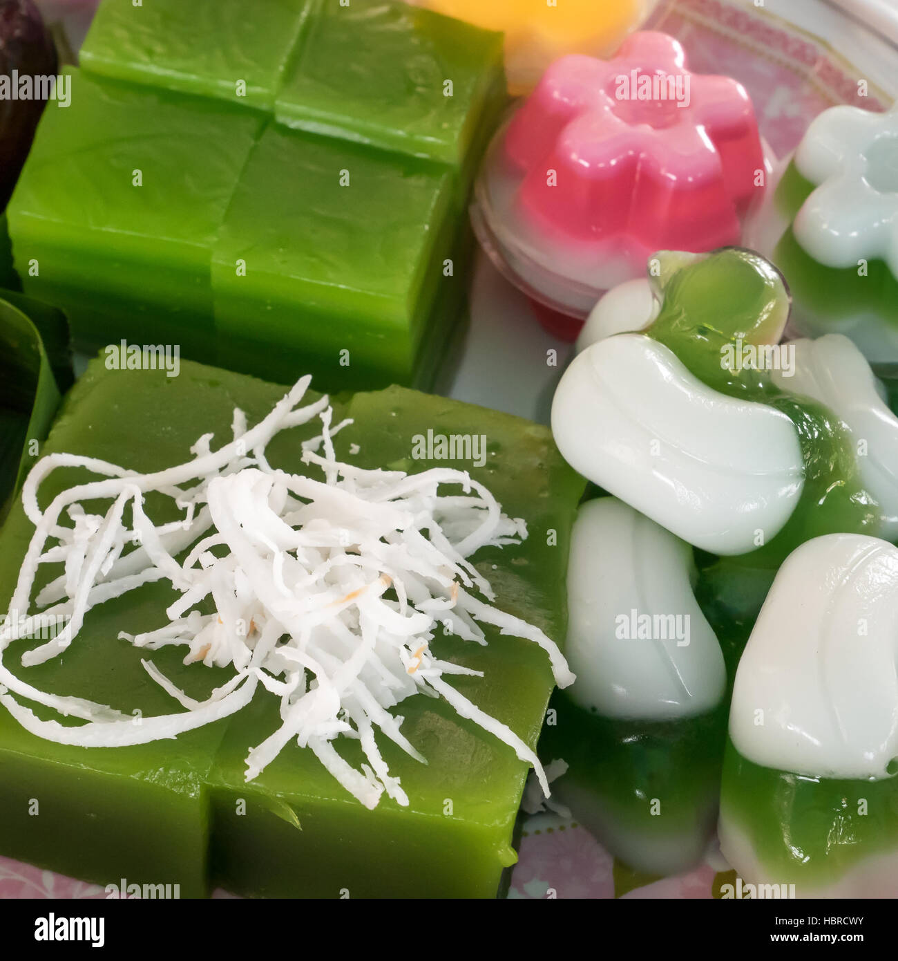 The group of Thai sweet dessert : Layer sweet cake (Kanom Chan), Green ...