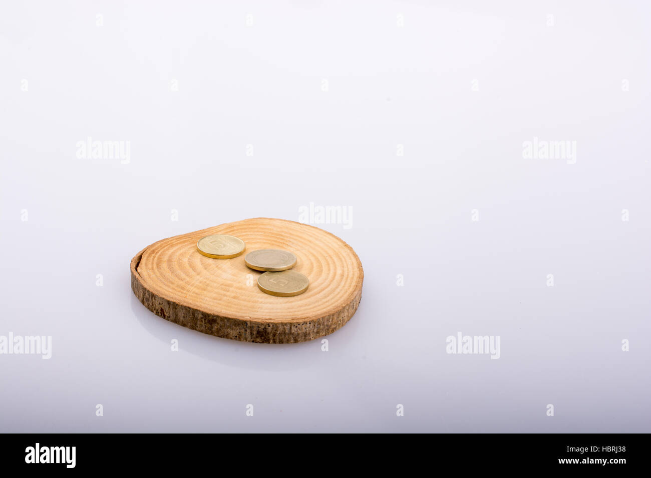 Coins on a wood log in hand on a white background Stock Photo - Alamy