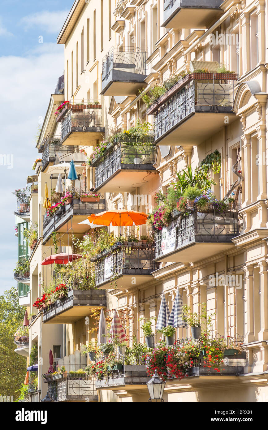 Traditional European Balcony with colorful flowers and flowerpots Stock ...