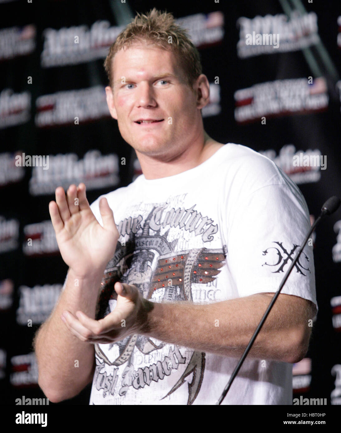 Josh Barnett speaks at a post-fight press conference at Affliction's ...