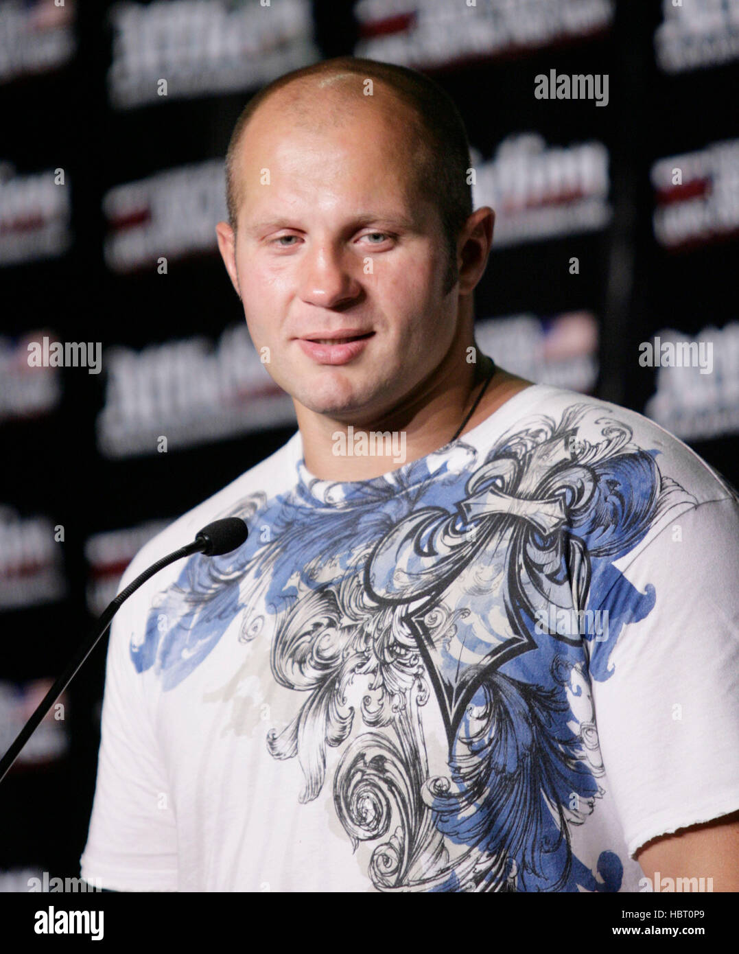 Fedor Emelianenko speaks at a post-fight press conference at Affliction ...