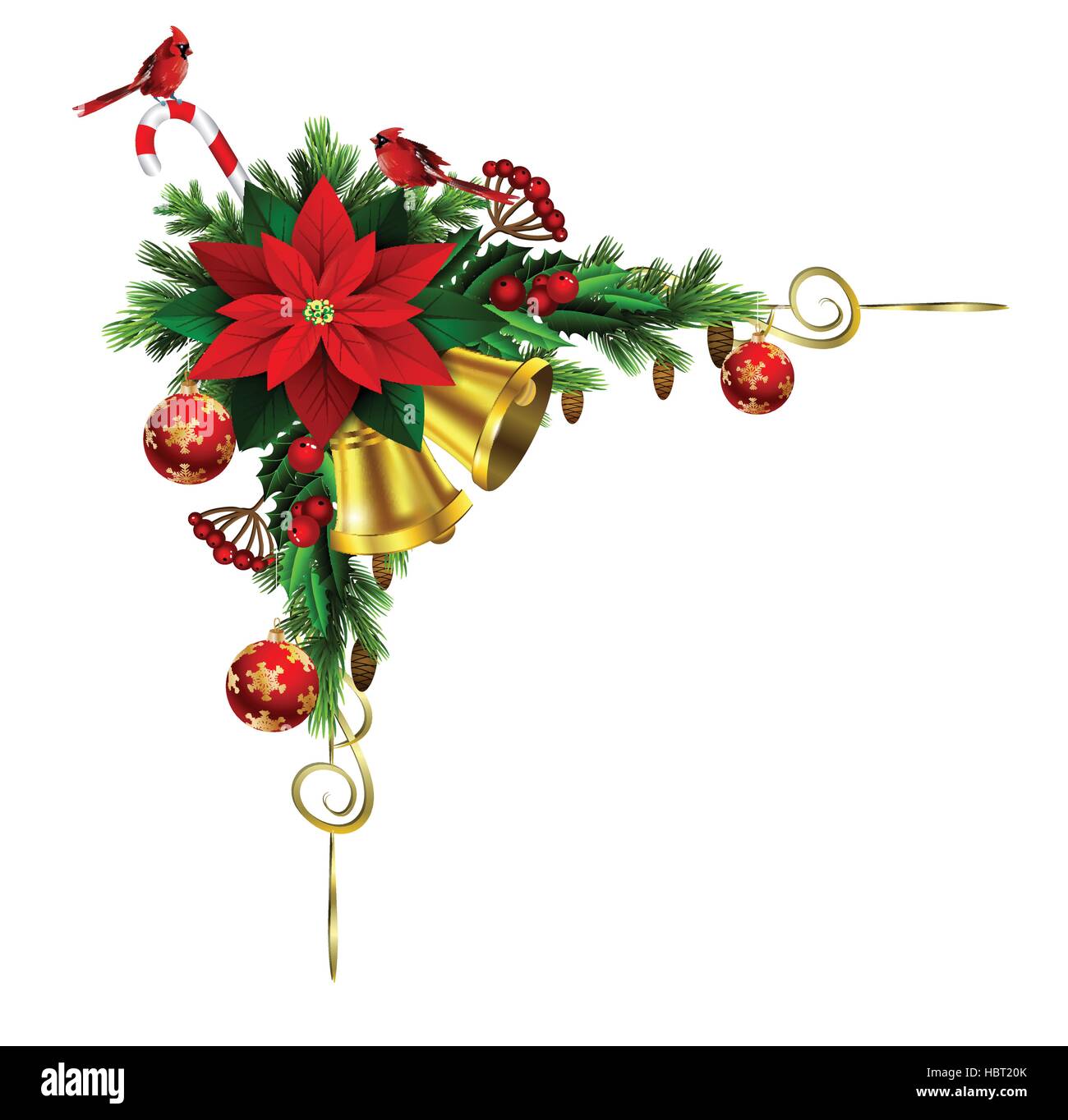 Christmas corner decoration with evergreen treess holly and pinecone ...