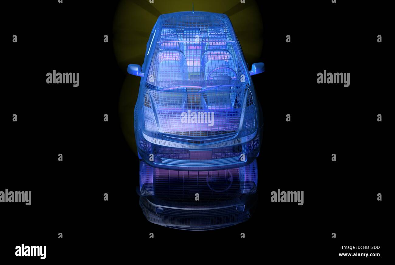 Transparent blue wire frame electric car. Front view. 3d render Stock ...