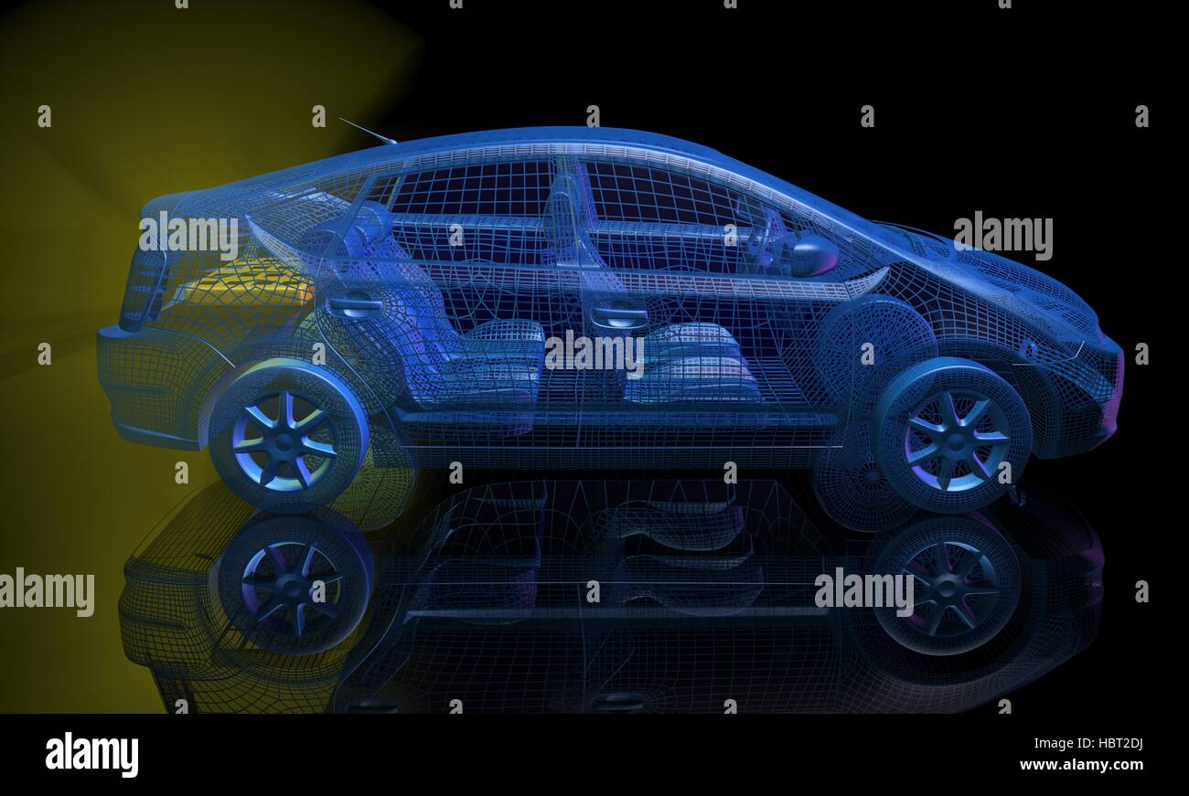 3d render of wire frame blue electric car . Side view Stock Photo - Alamy