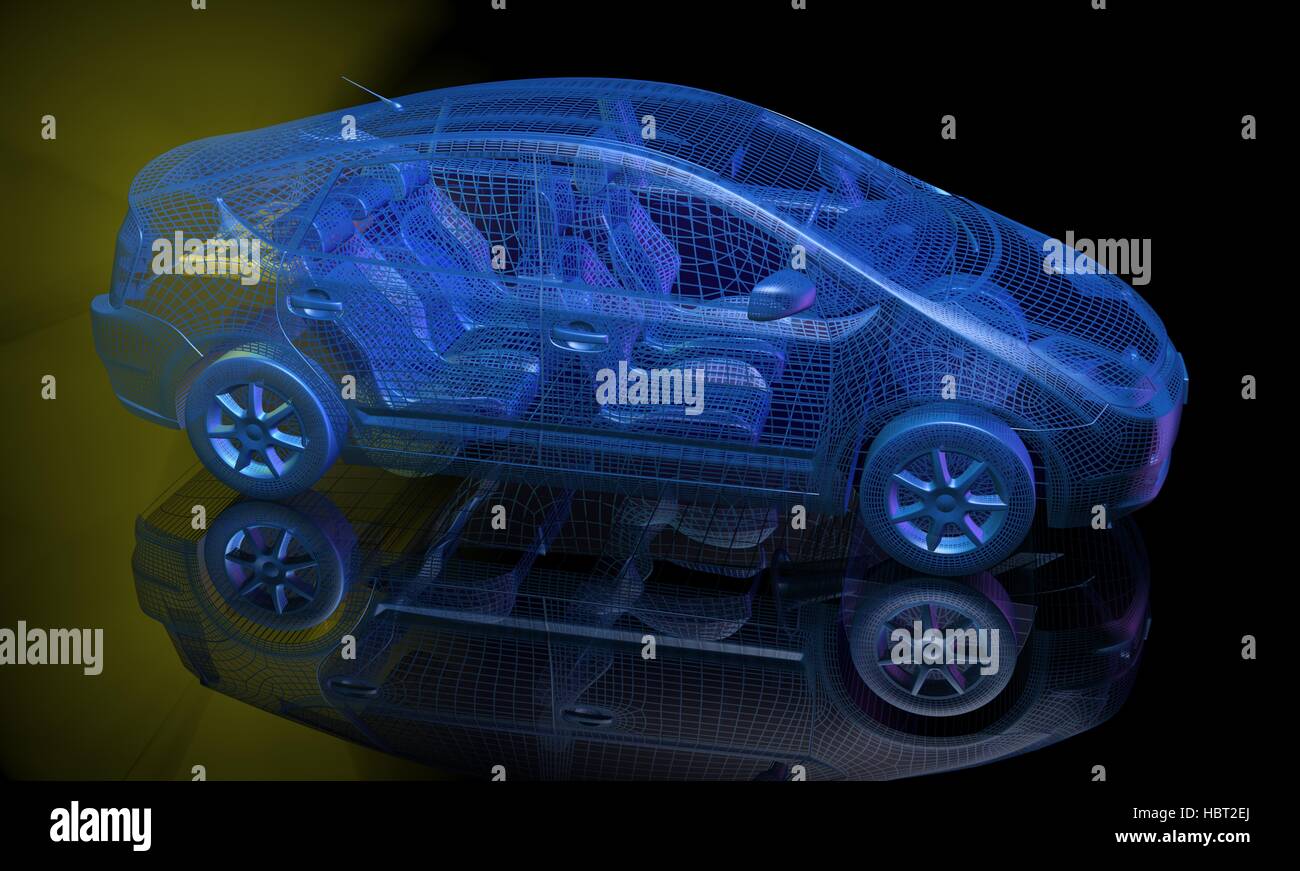 3d render of wire frame blue electric car . Side view Stock Photo - Alamy