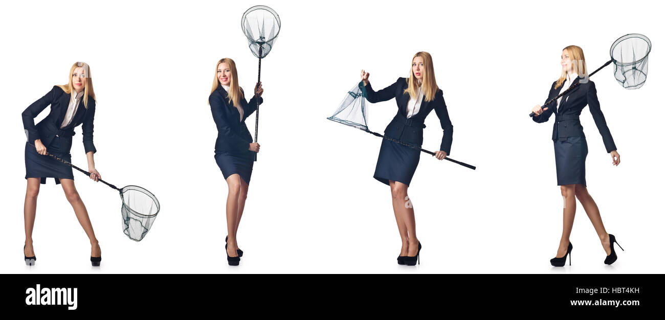 Woman with net isolated on white Stock Photo - Alamy