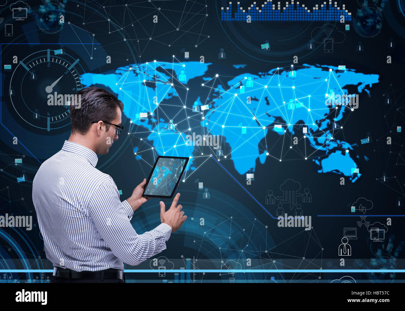 Man in social data management concept Stock Photo - Alamy