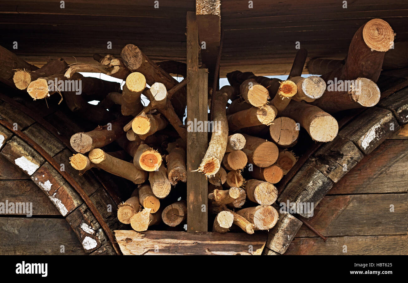 Chopped wood ready for winter, storage outdoors Stock Photo - Alamy