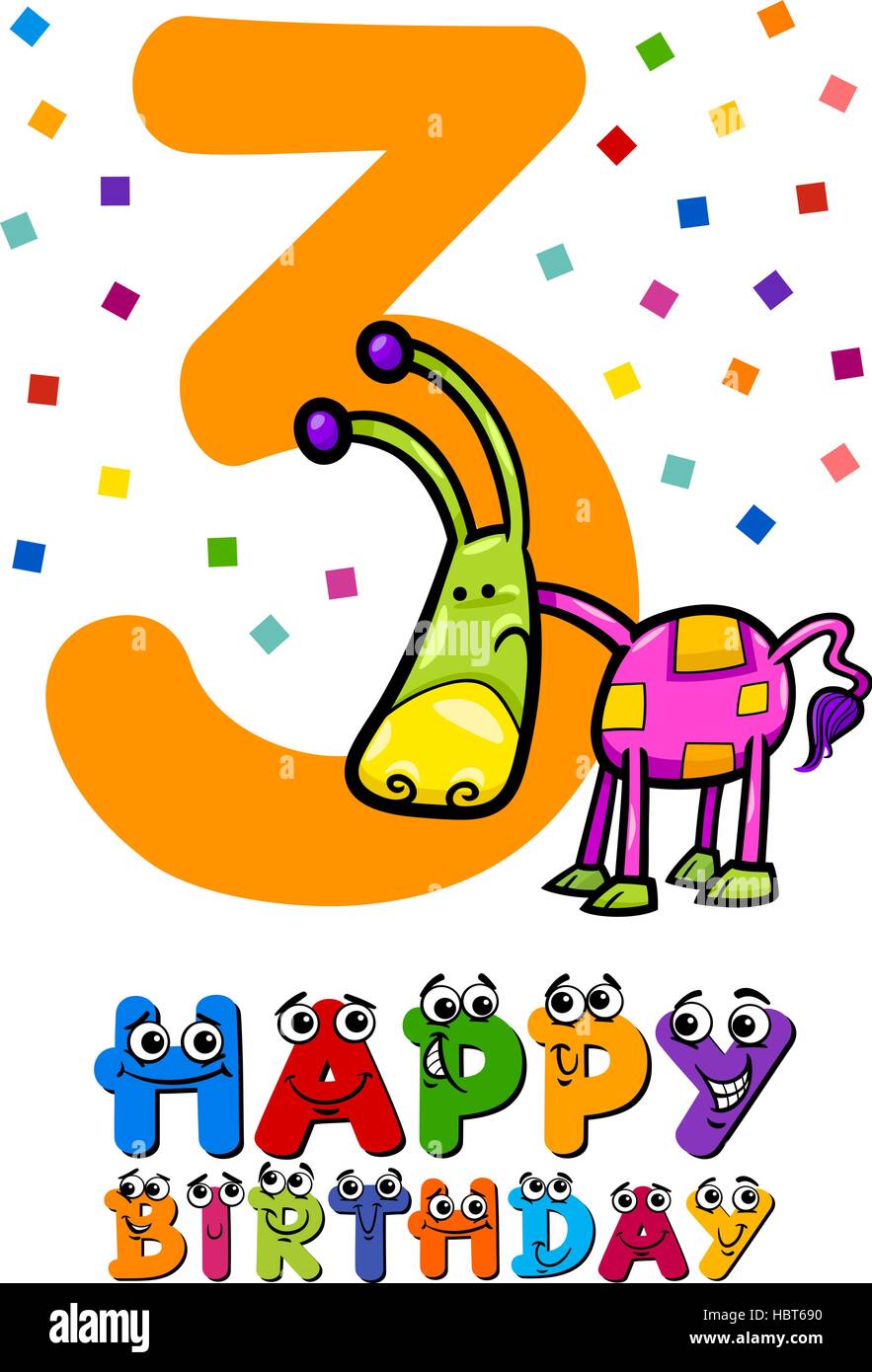 Cartoon illustration third birthday anniversary hi-res stock ...