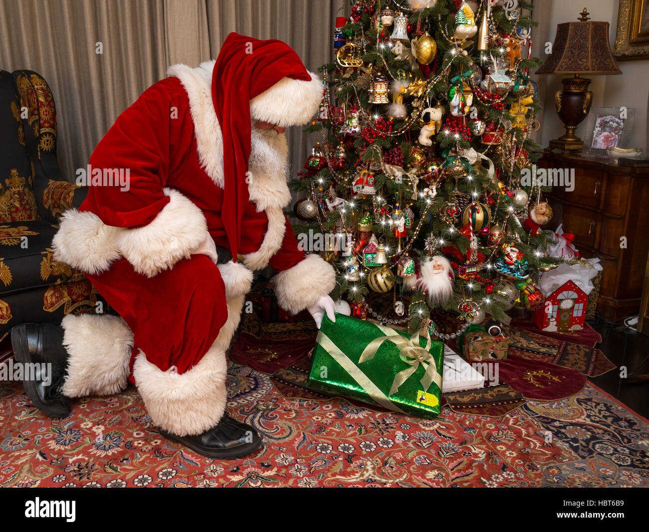Santa Claus kneeling placing gift under decorated Christmas tree Stock ...