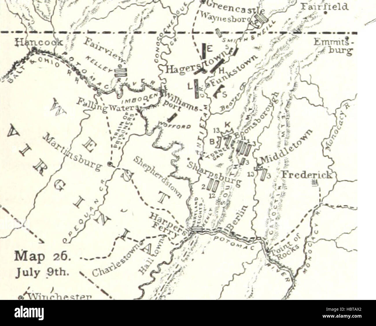 The map illustrates key battles and military positions, showing troop ...