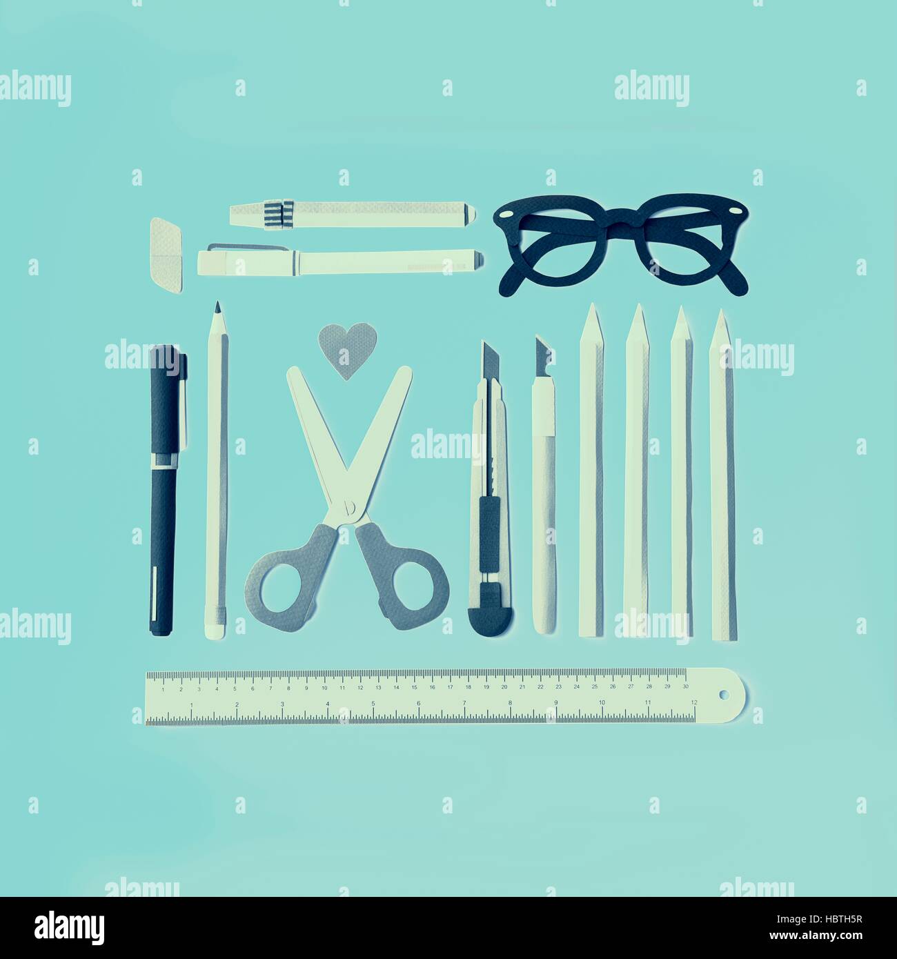 Pen Color Pencil Scissor Eraser Ruler Eyeglasses Concept Stock Photo ...