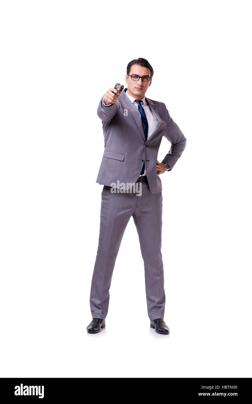 Aggressive business manager with handgun isolated on white Stock Photo ...