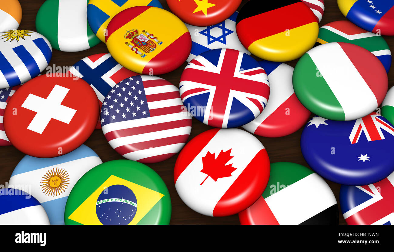 International business concept with world flags on scattered badges ...