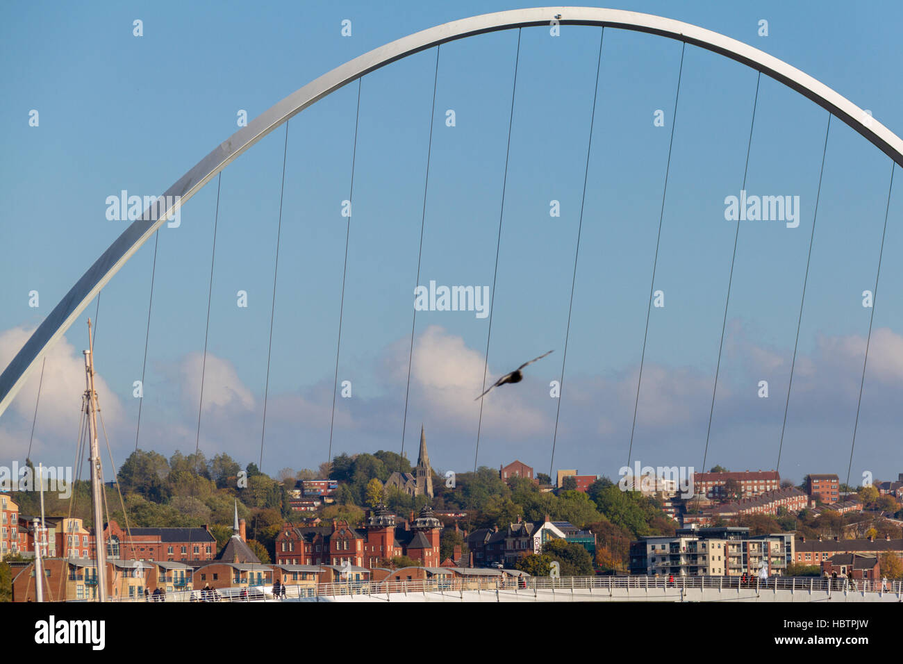 Arch of the Gateshead Millenium Foot Bridge, Flying Bird and Buildings ...