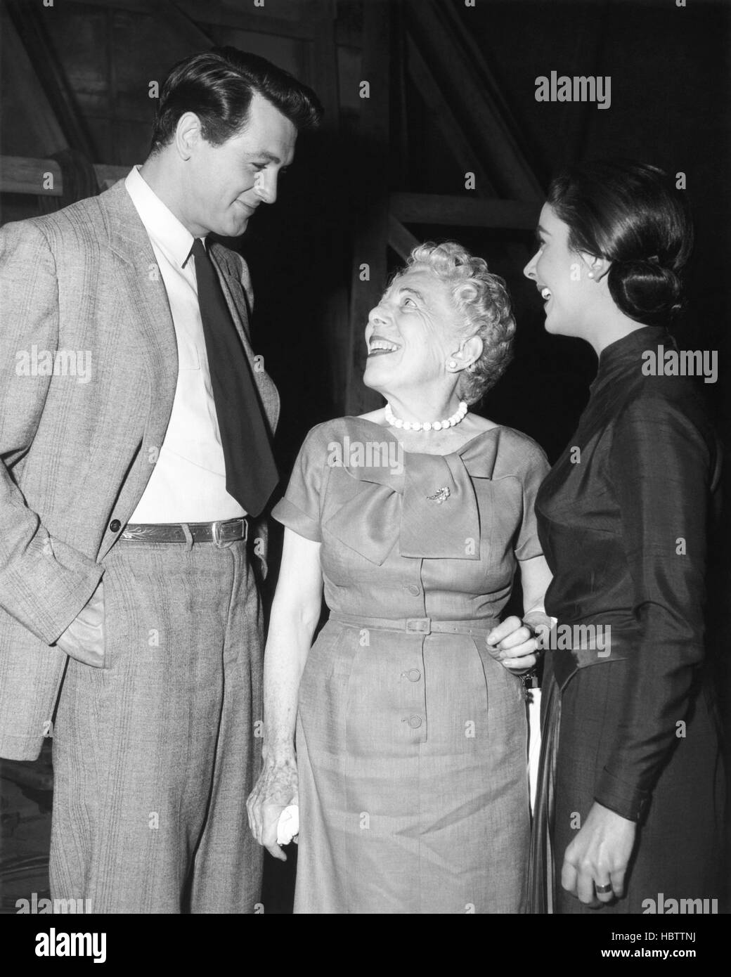 GIANT, author Edna Ferber (center) visits Rock Hudson (left) and ...