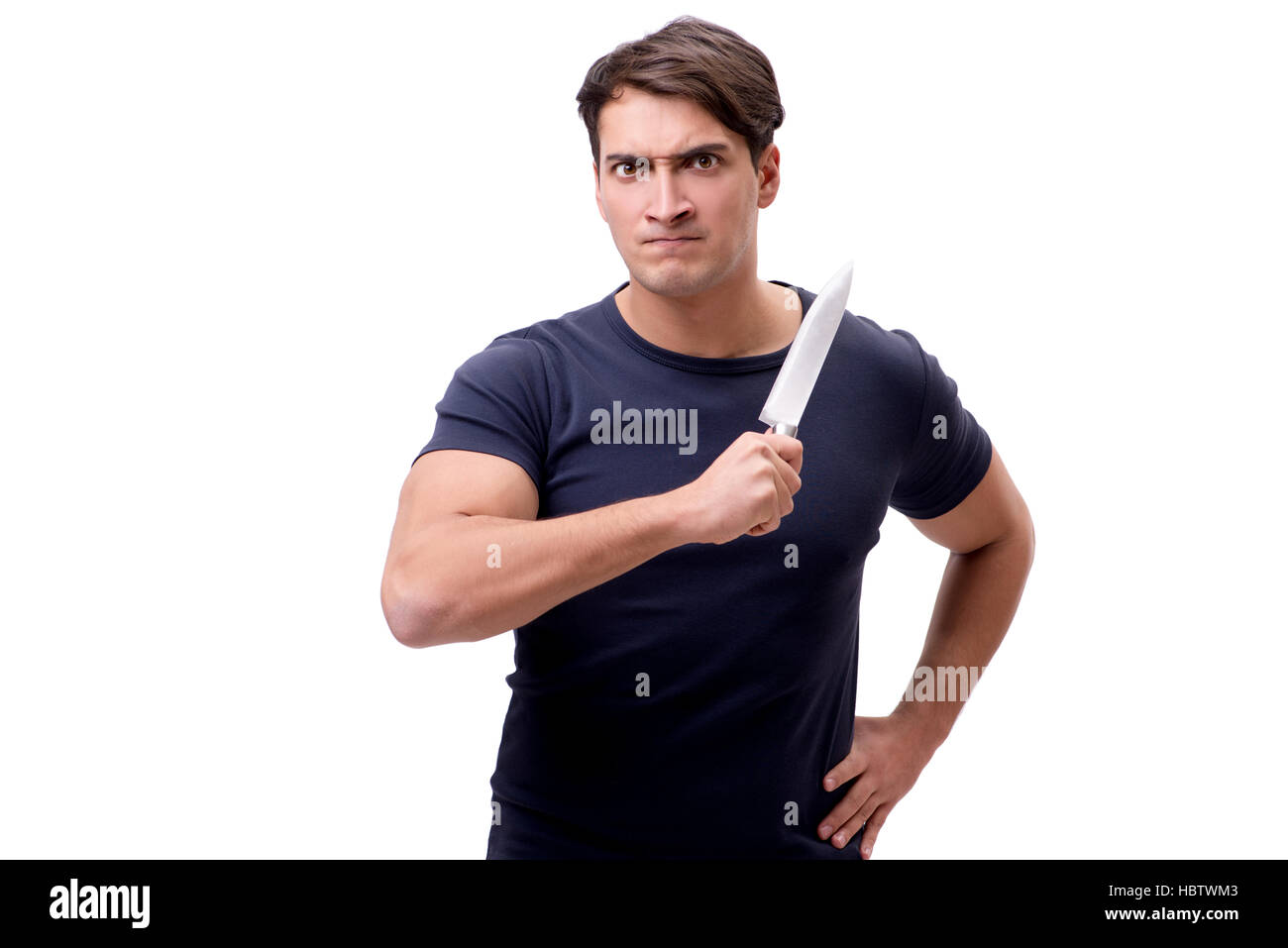 Young mobster with knife isolated on white Stock Photo - Alamy