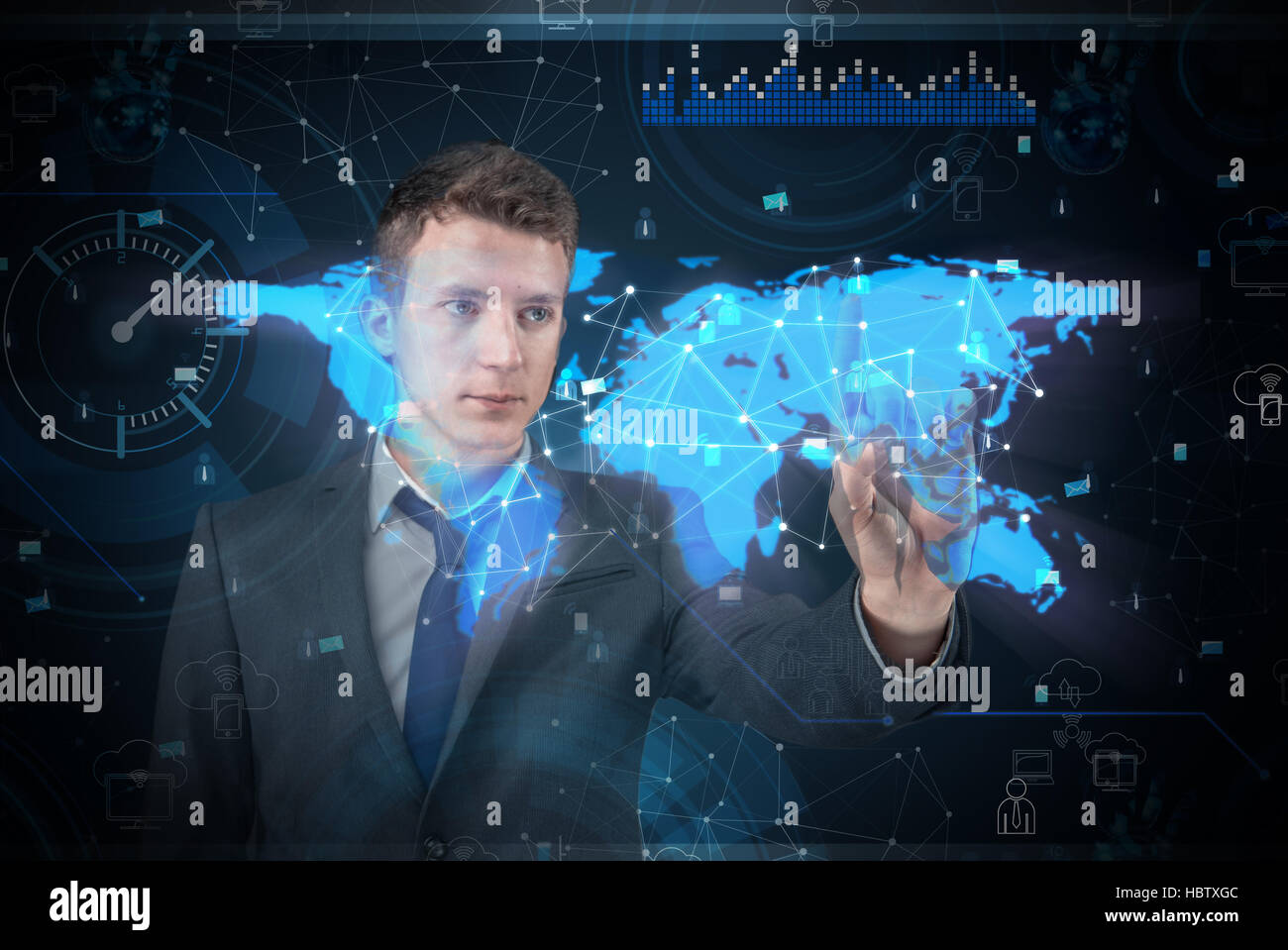 The man in social data management concept Stock Photo - Alamy