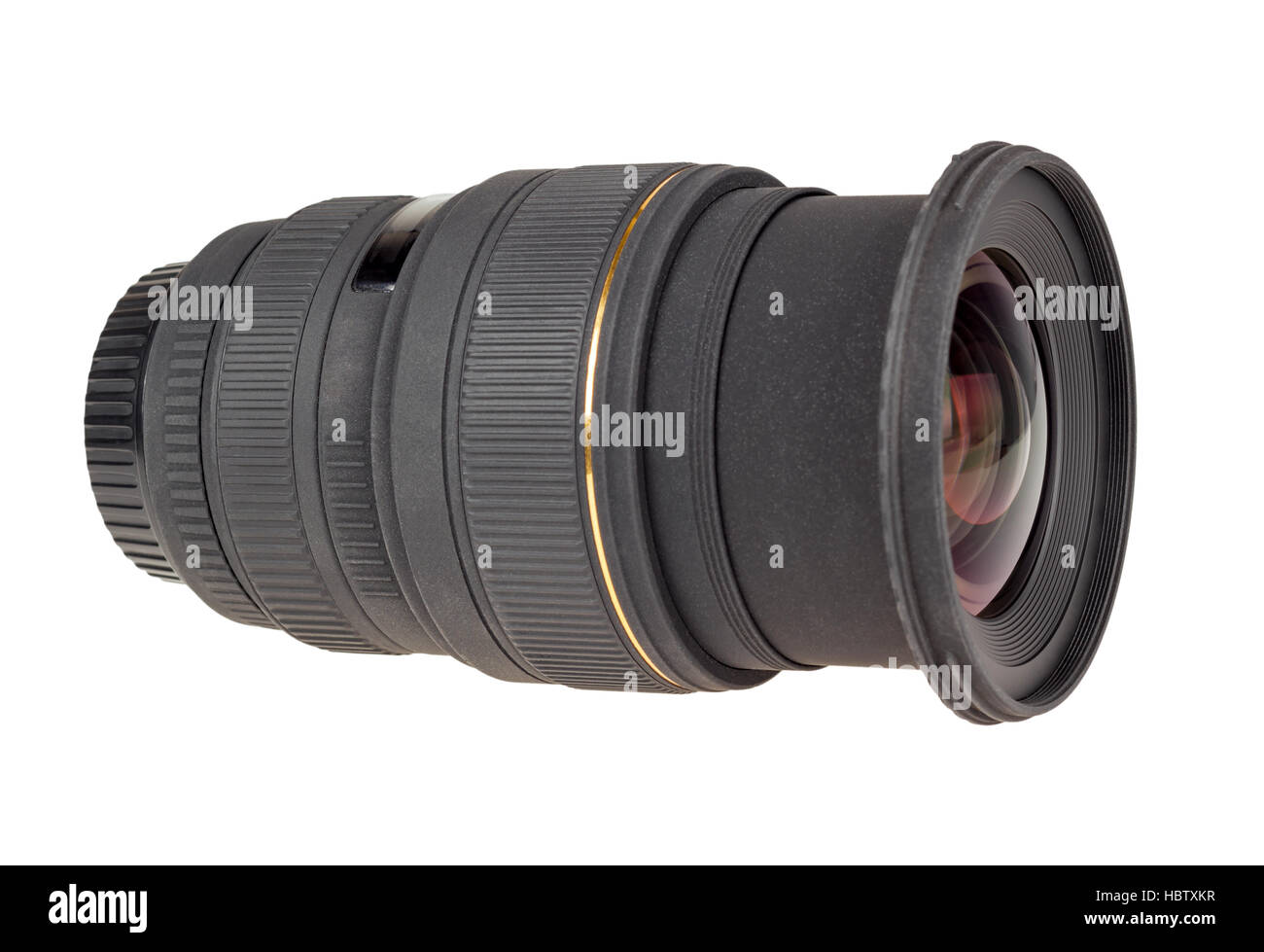 The lens of modern digital camera, side view. Isolated on white ...