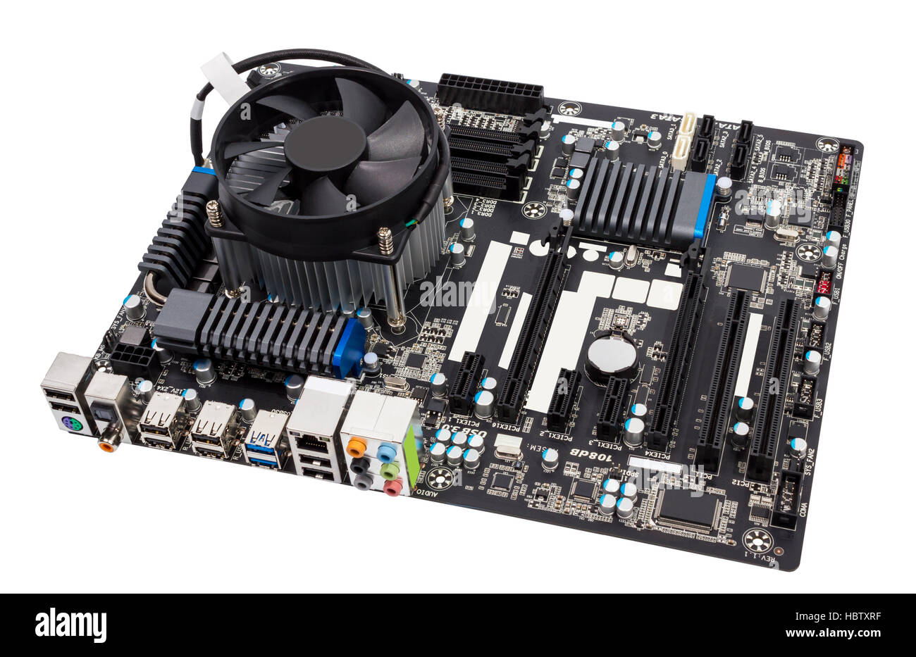 Computer motherboard isolated on white background with CPU cooler Stock ...