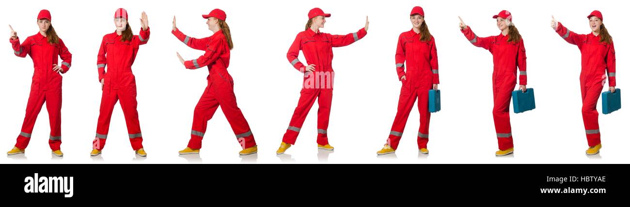 The woman in red overalls isolated on white Stock Photo - Alamy