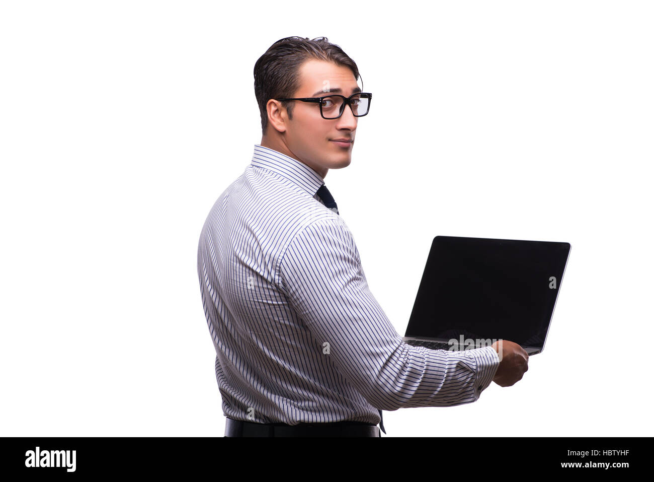 The man with laptop isolated on white Stock Photo - Alamy