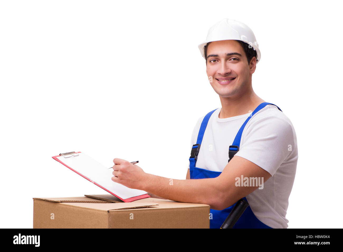 Man with boxes isolated on white Stock Photo - Alamy