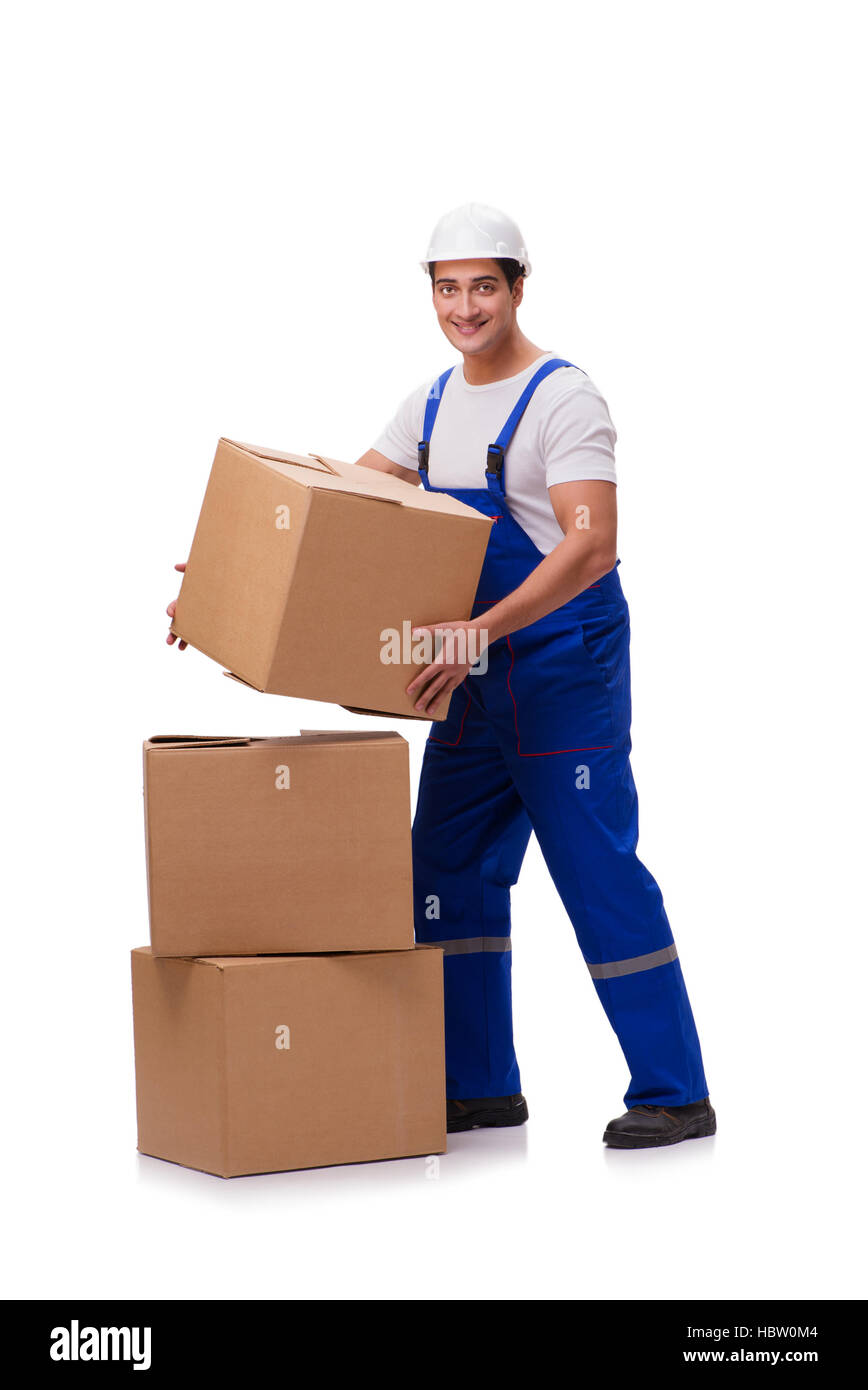 Man with boxes isolated on white Stock Photo - Alamy
