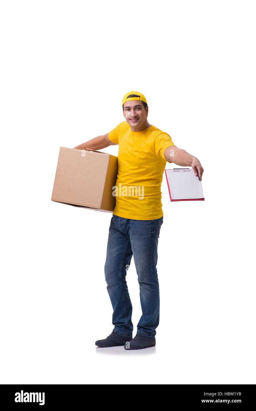 Funny delivery boy with box isolated on white Stock Photo - Alamy