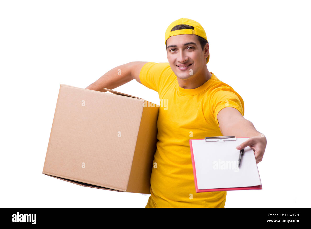 Funny delivery boy with box isolated on white Stock Photo - Alamy