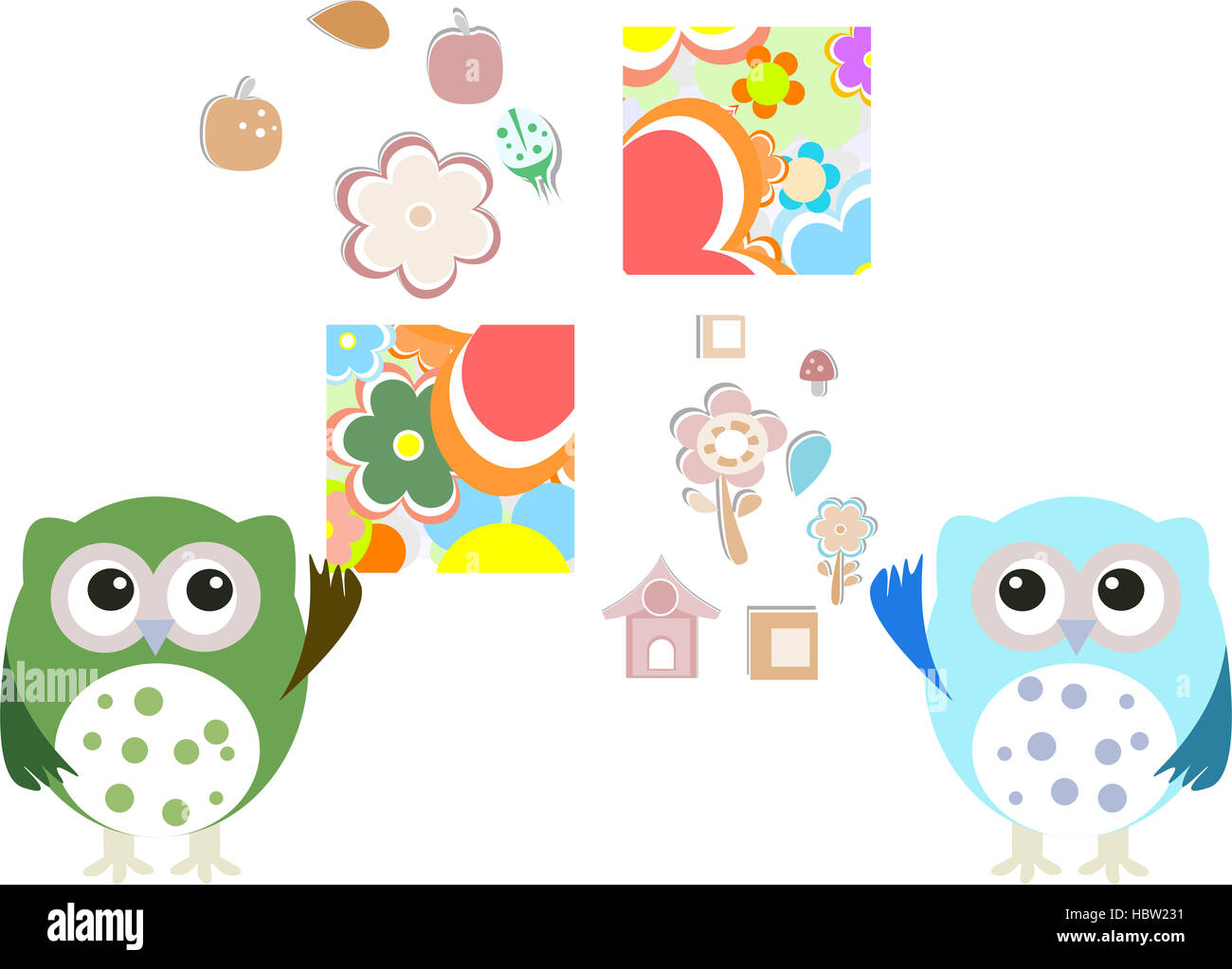 sweet owls and flowers isolated on white Stock Photo - Alamy
