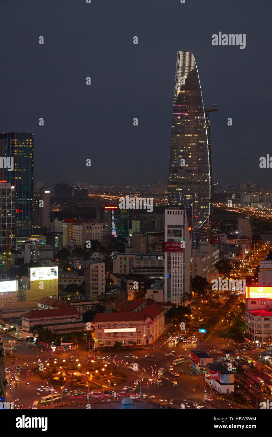 Ben Thanh traffic circle and Bitexco Financial Tower at night, Ho Chi ...