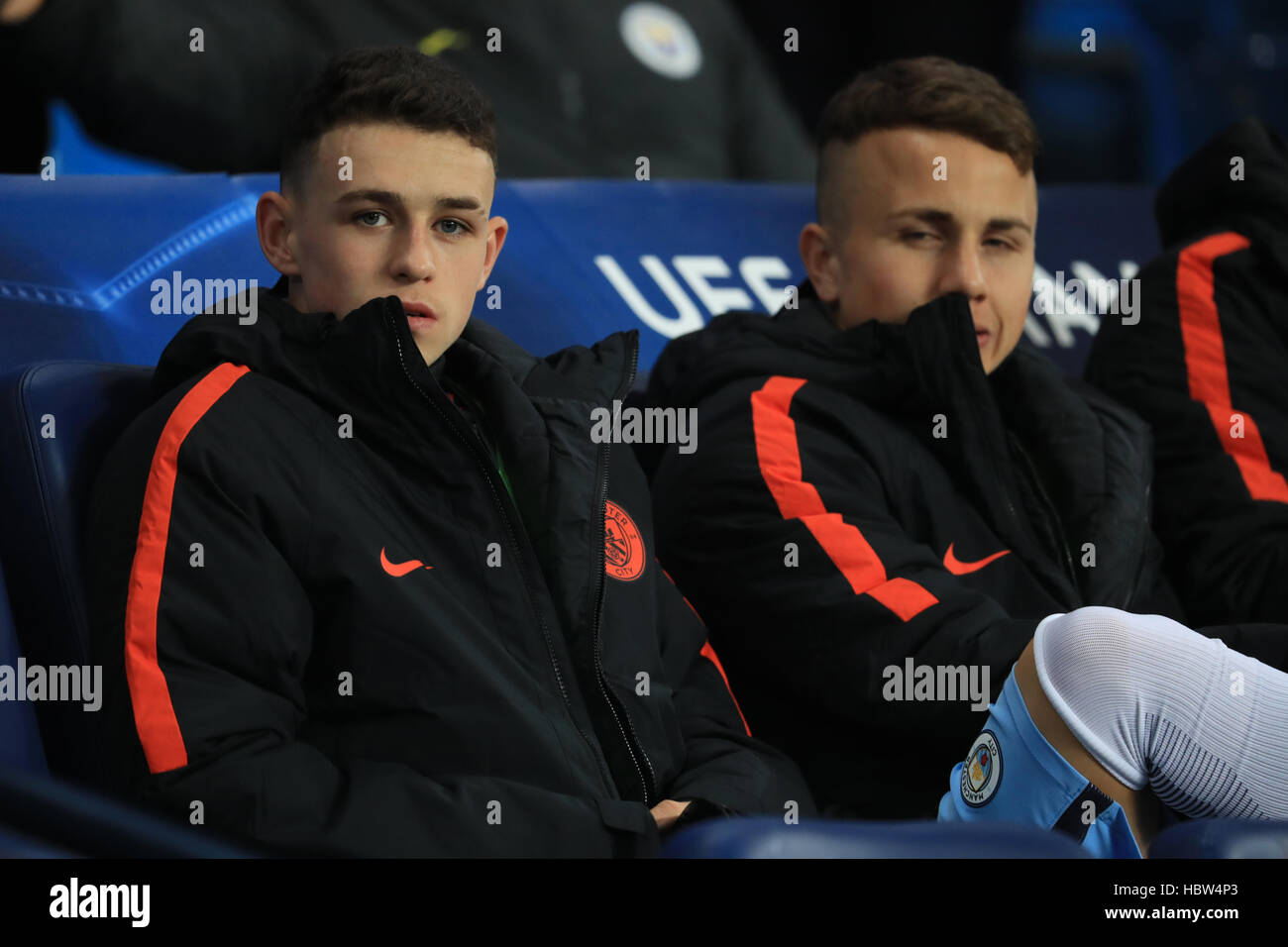 Manchester City's Phil Foden (left) on the bench during the UEFA ...