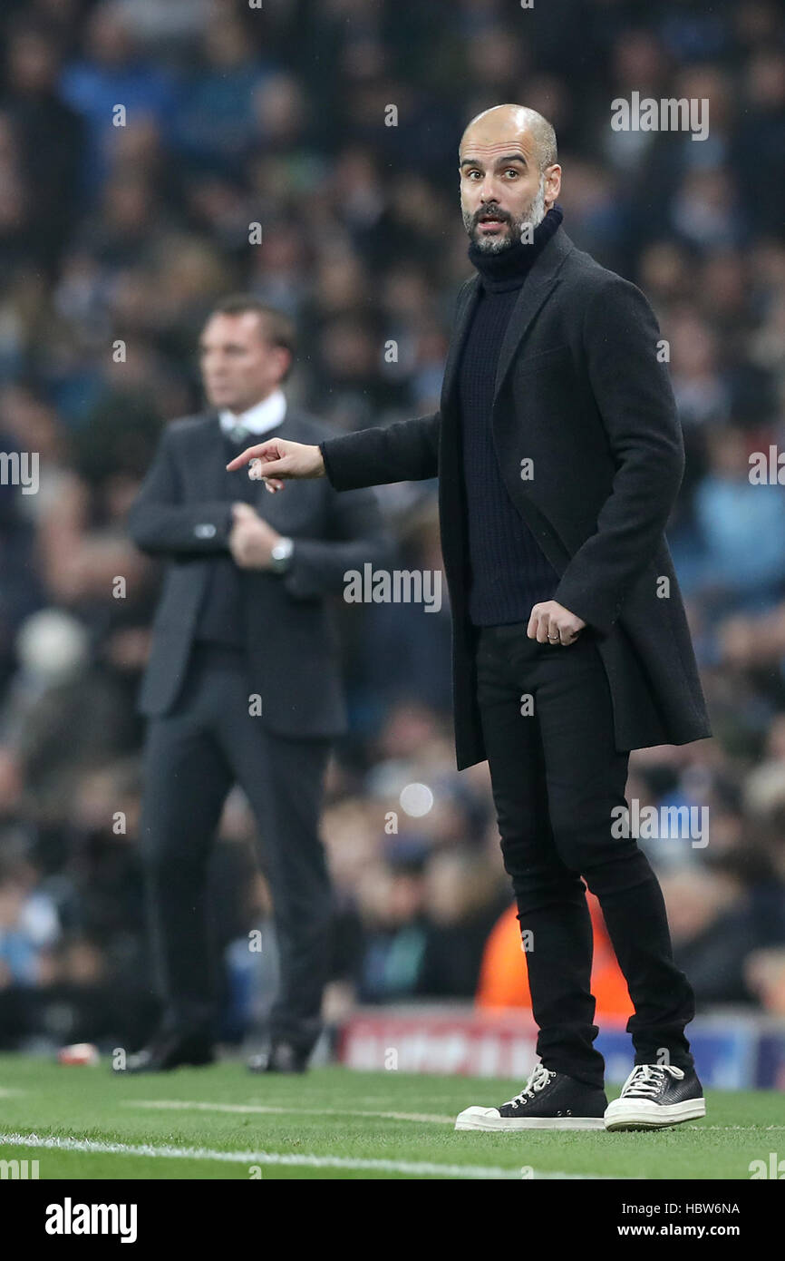 Manchester City manager Pep Guardiola gestures on the touchline during ...