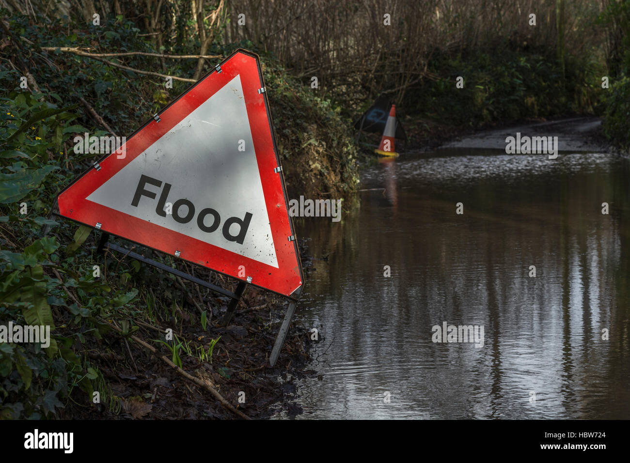 Flooded country lane near the mid-Cornwall town of Lostwithiel ...