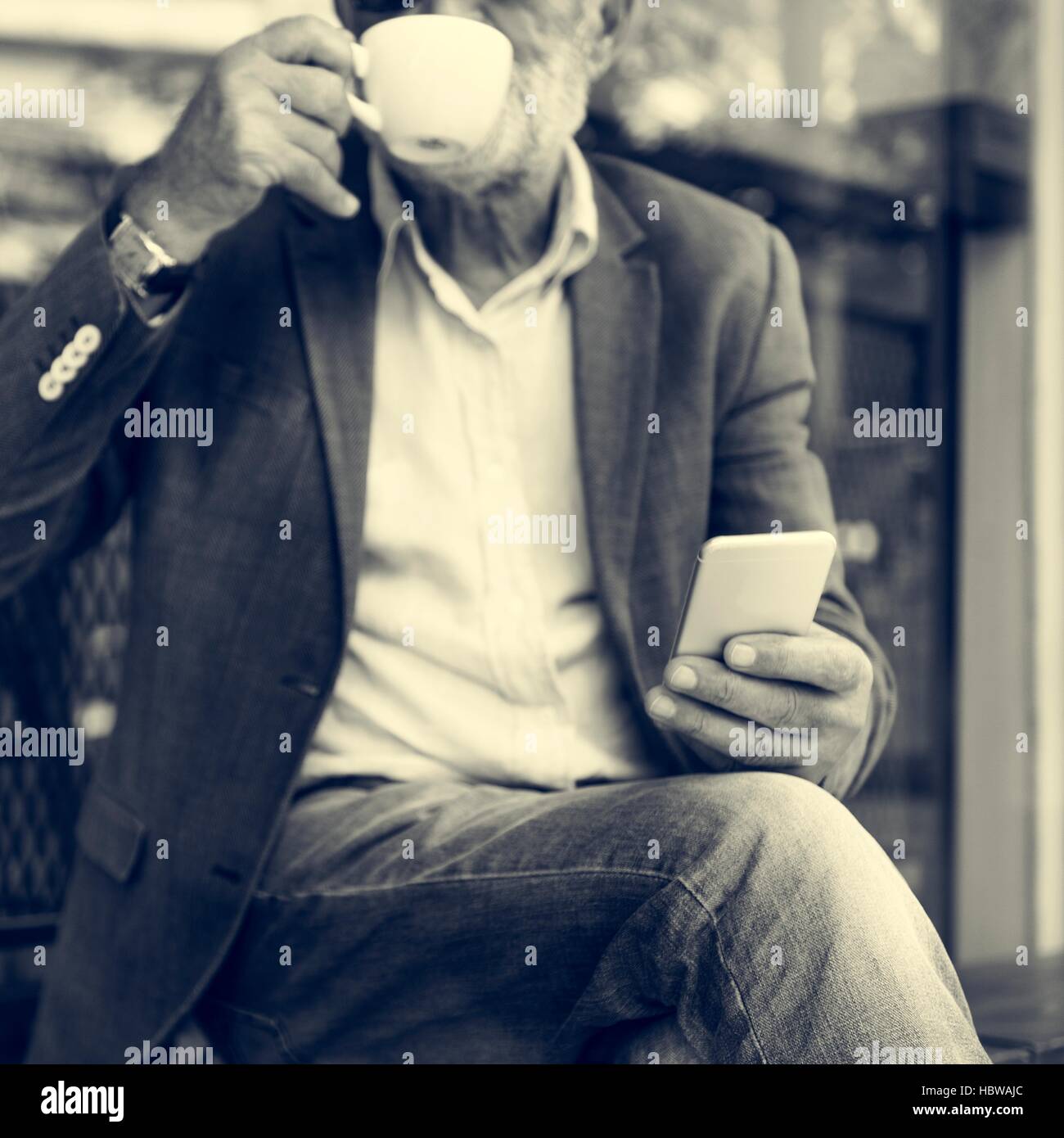 Senior Man Coffee Shop Communication Connection Technology Concept ...