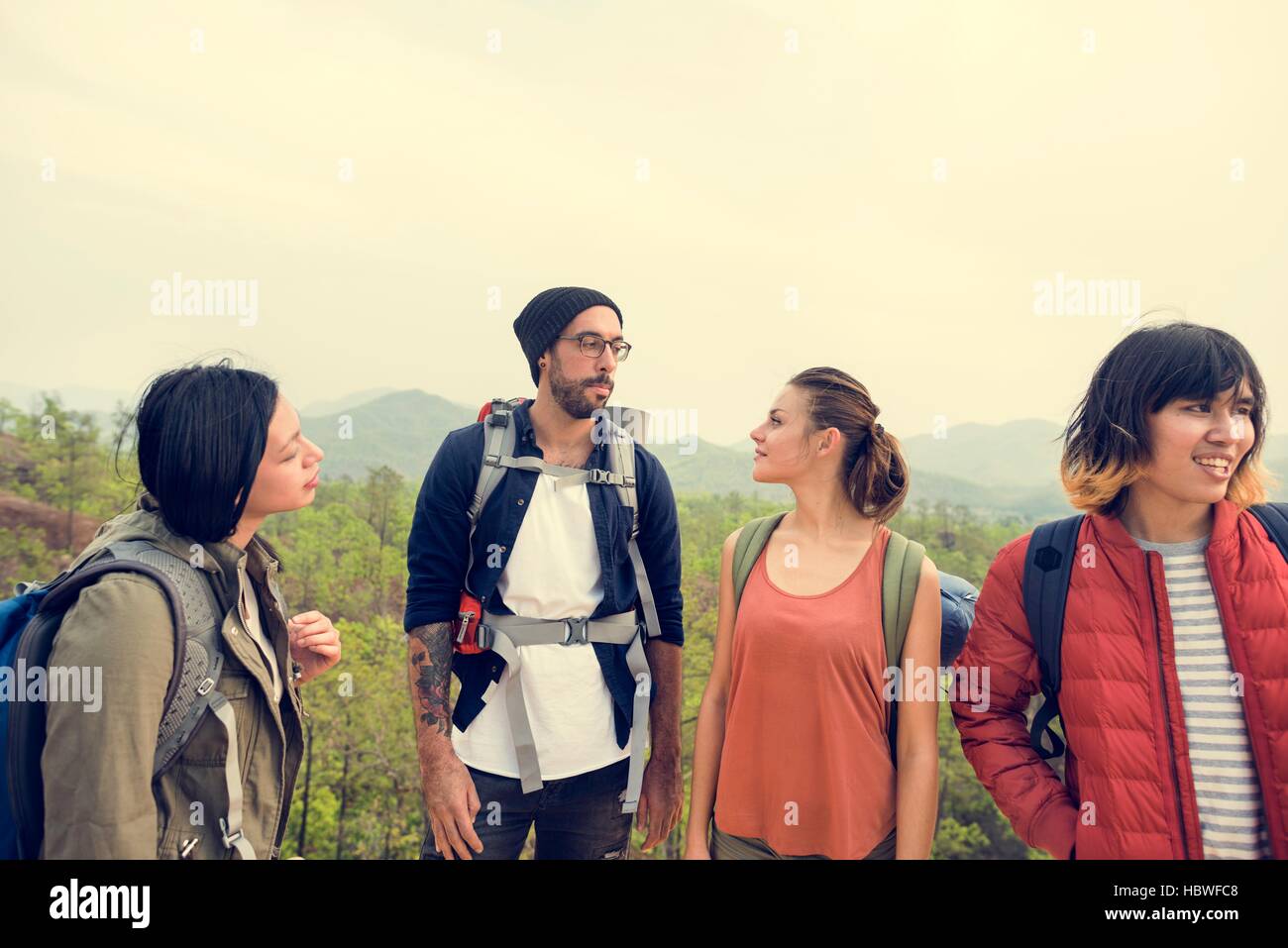 Friends Explore Nature Outdoors Concept Stock Photo - Alamy