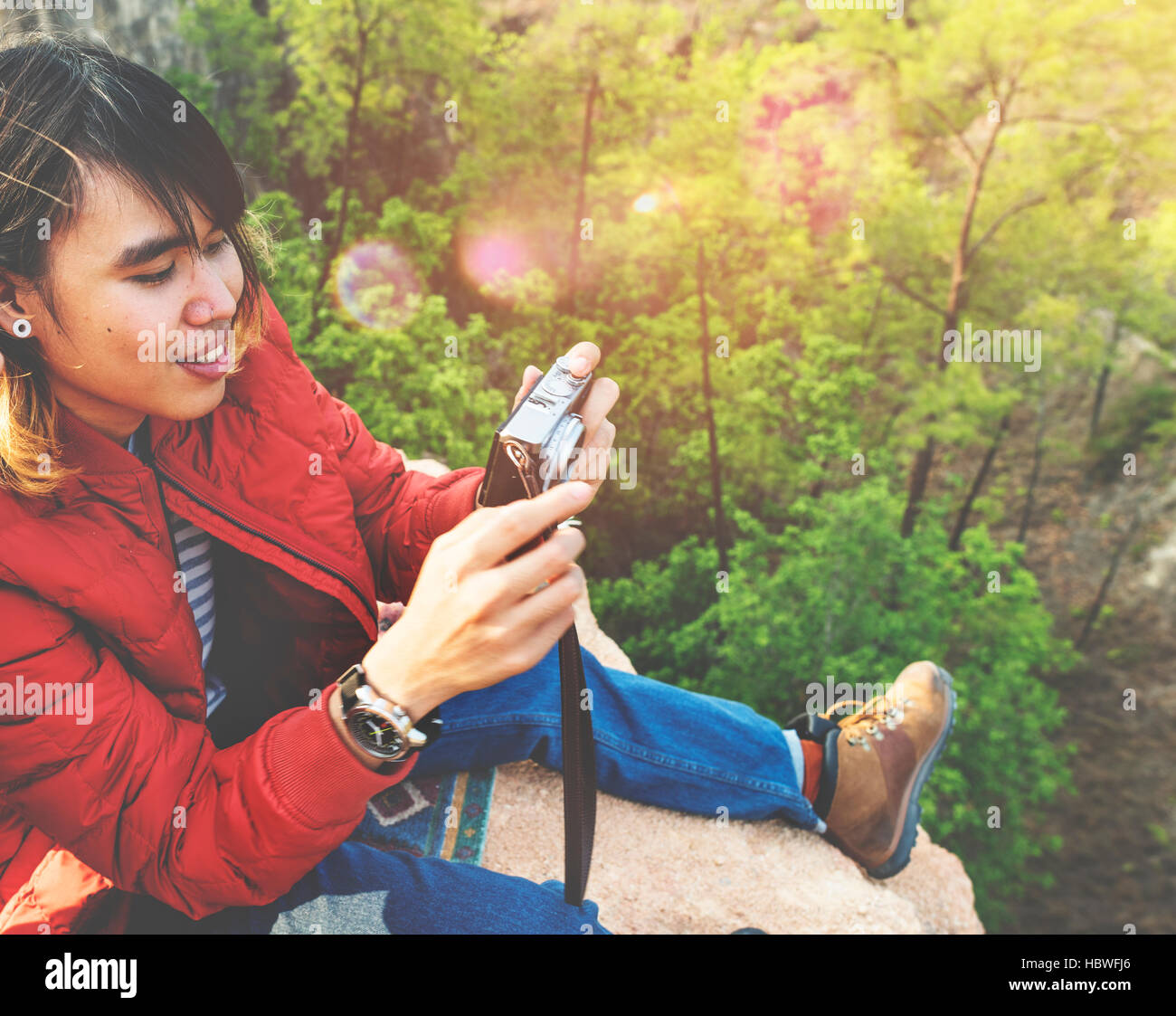 Photographer Camera Man Shooting Woods Nature Cliff Edge Concept Stock ...