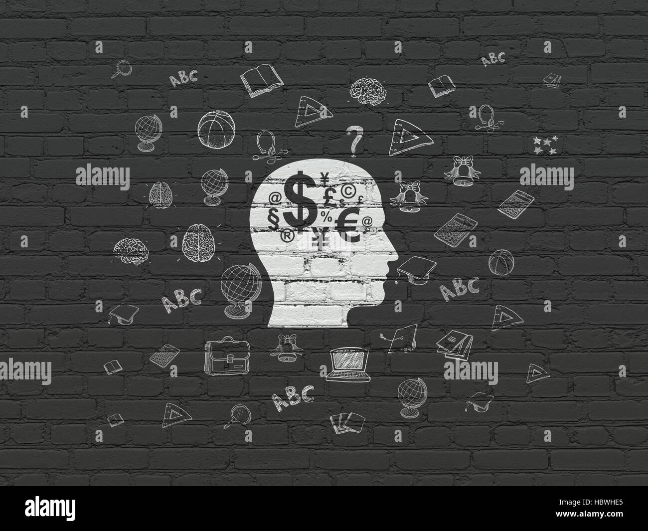 Learning concept: Head With Finance Symbol on wall background Stock ...
