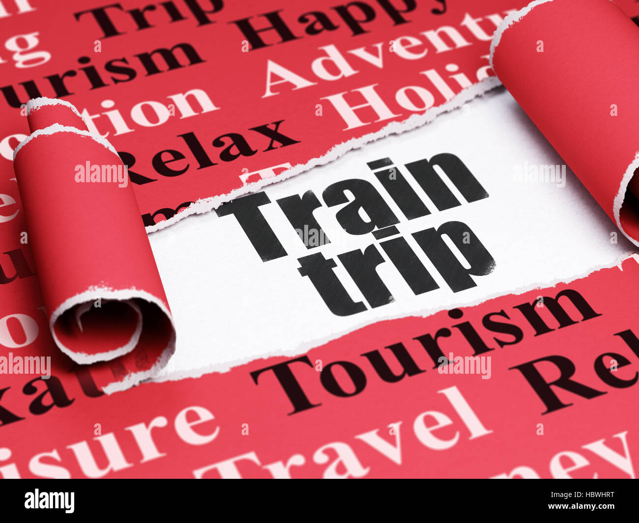 Vacation concept: black text Train Trip under the piece of torn paper ...