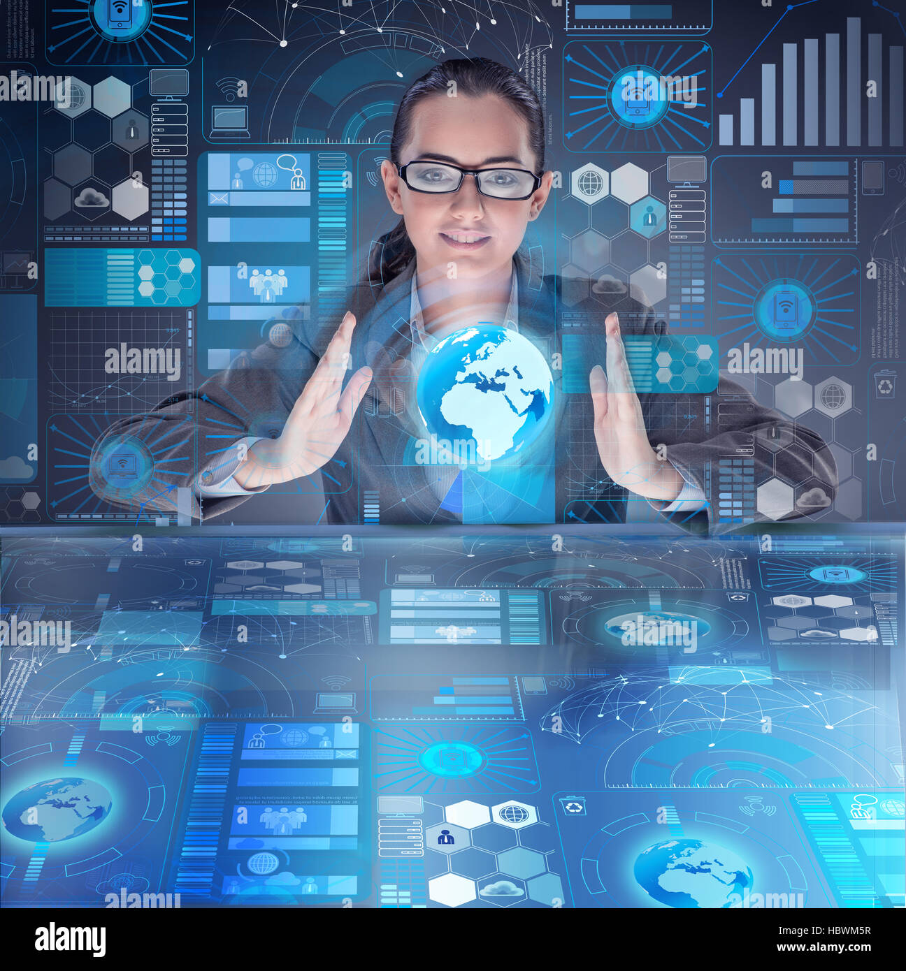 Futuristic media sharing concept with woman Stock Photo - Alamy