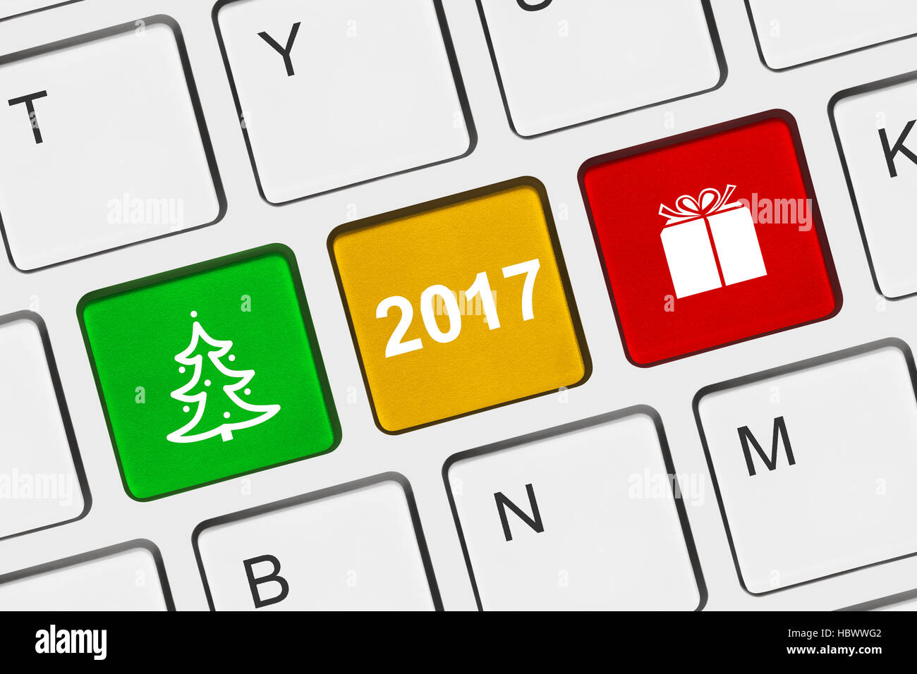 Computer keyboard with New Year keys Stock Photo - Alamy