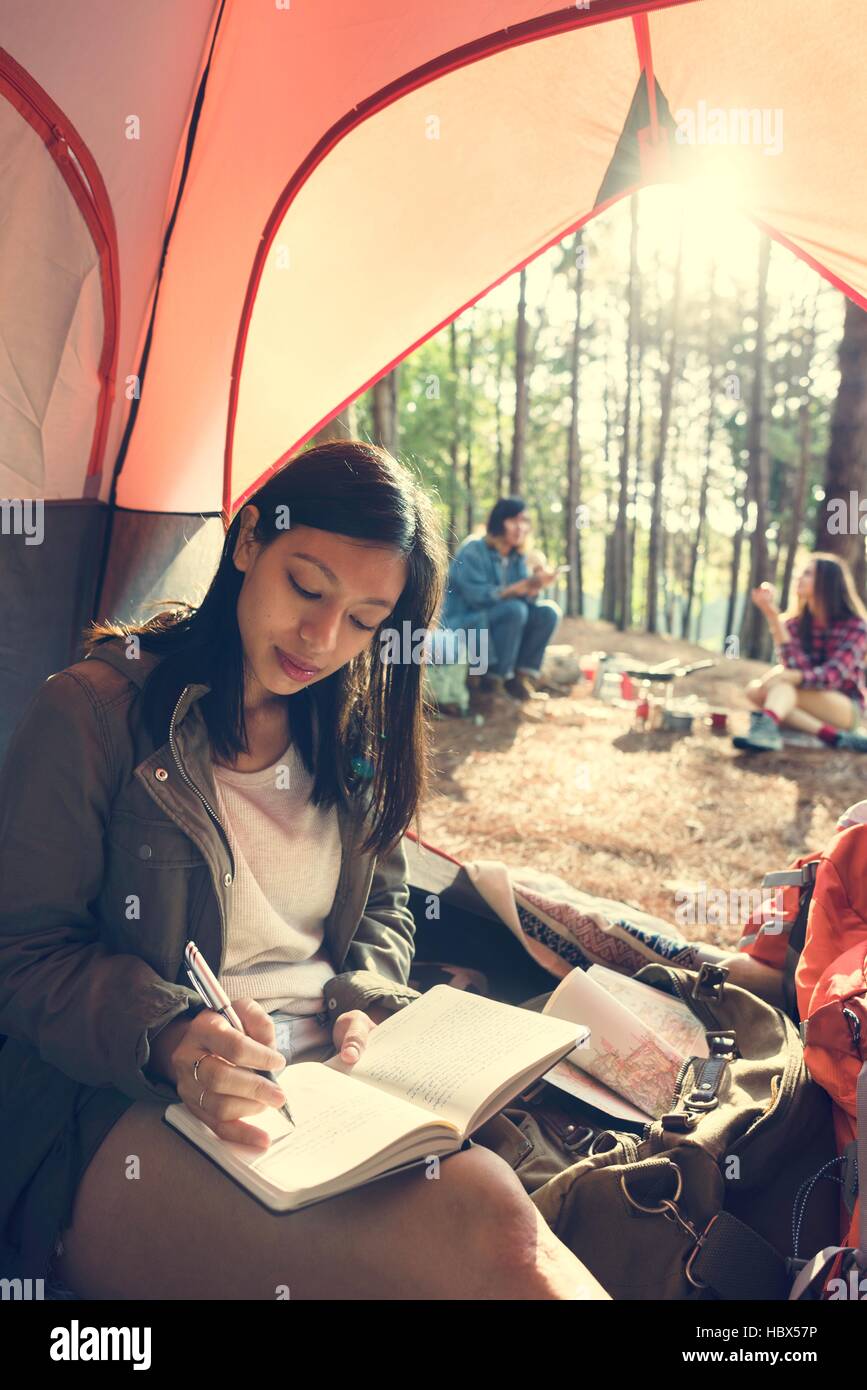 Woman Reading Traveling Destination Camping Concept Stock Photo - Alamy