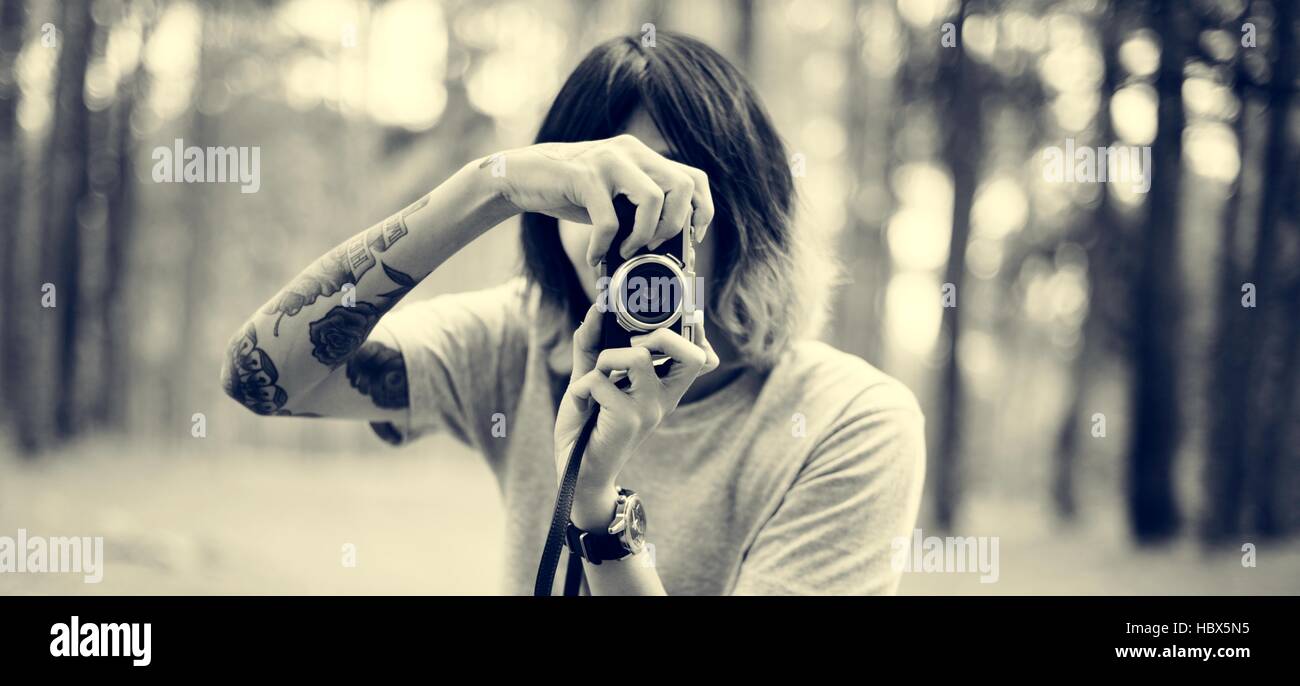 Photographer Camera Man Shooting Woods Nature Concept Stock Photo - Alamy