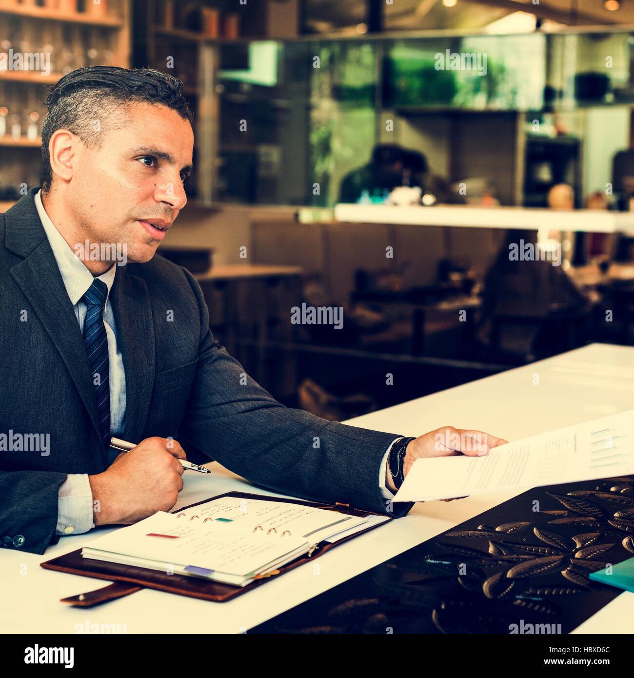 Business Man Handing Out Report Restaurant Table Concept Stock Photo ...