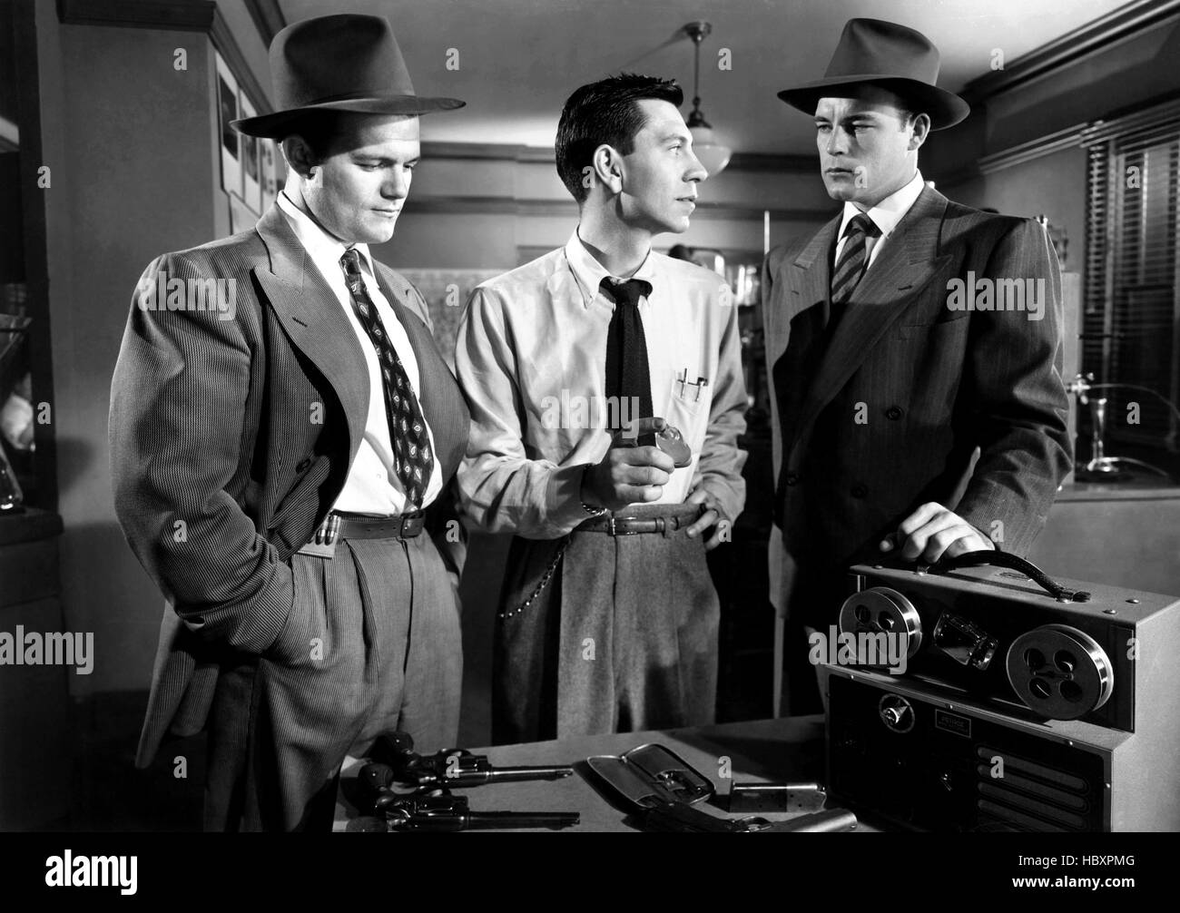 HE WALKED BY NIGHT, from left, James Cardwell, Jack Webb, Scott Brady ...