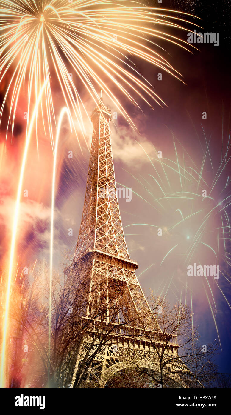 abstract background of Eiffel tower with fireworks, Paris, France - New ...