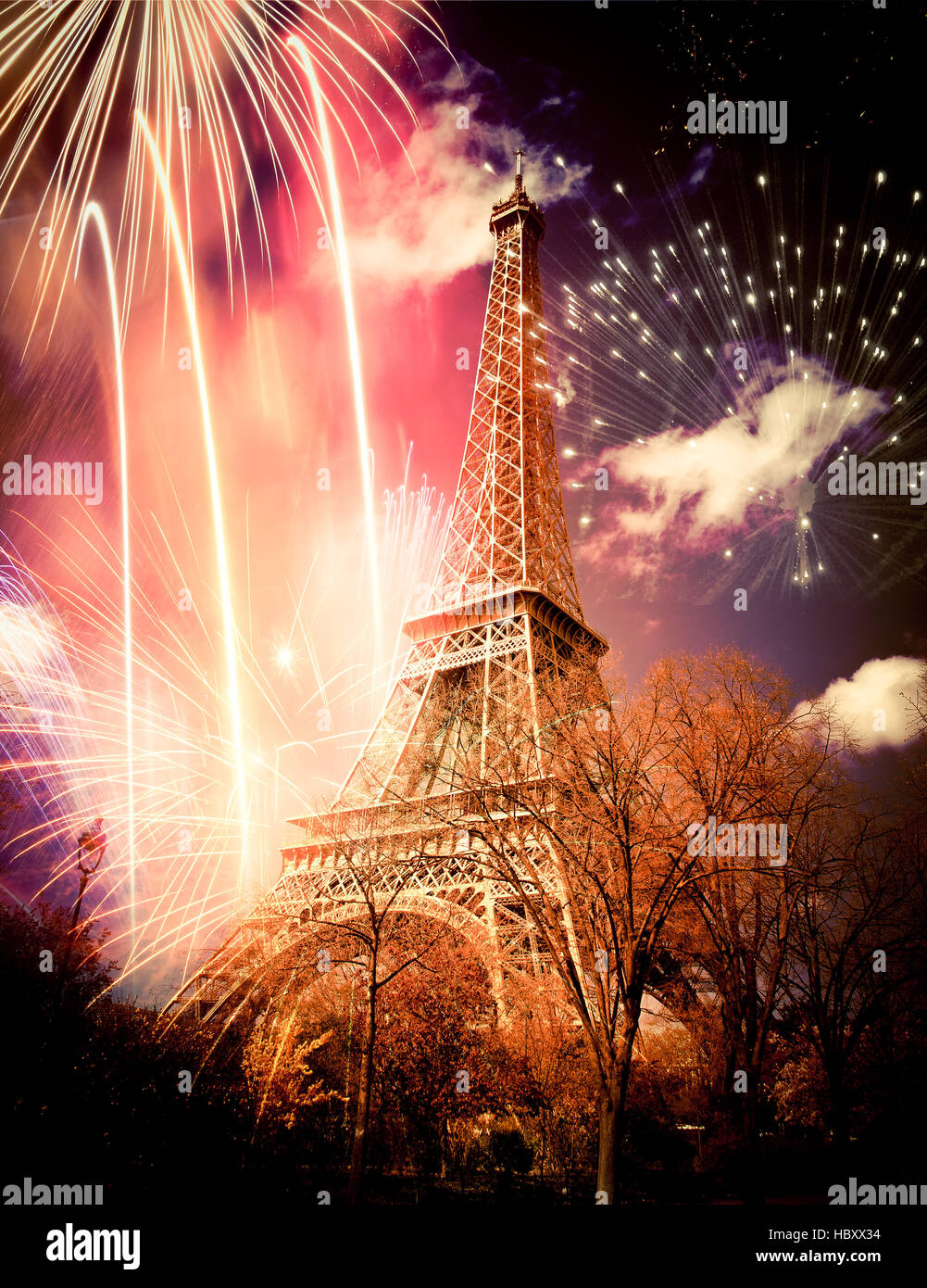 abstract background of Eiffel tower with fireworks, Paris, France - New ...